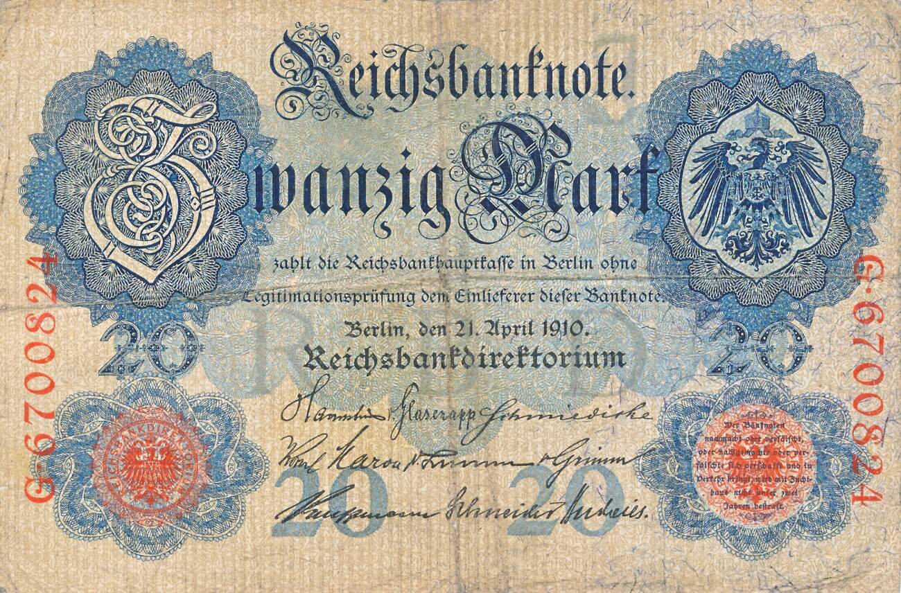 Deutschland Deutsches Reich 20 Mark 1910 Geldschein Banknote KN 7 ...