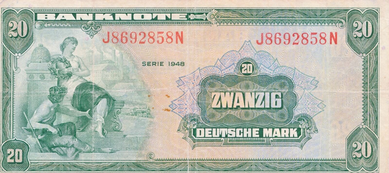 Deutschland 20 Deutsche Bank 1948 Banknote, Kenn-Bst.: J/N, KN 7stellig ...
