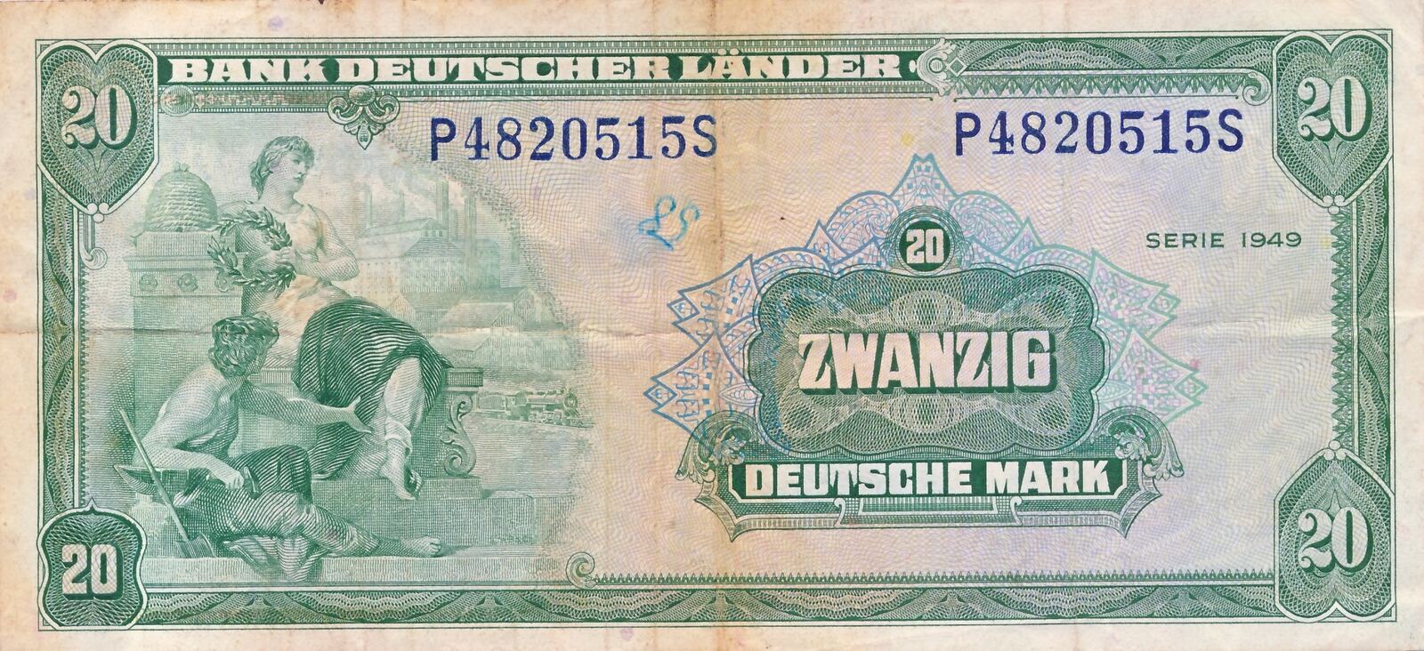 Deutschland 20 Deutsche Bank 1949 Banknote, Kenn-Bst.: P/S, KN 7stellig ...