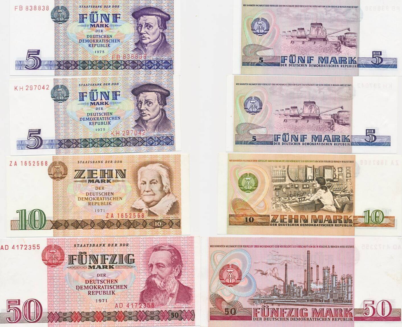 Deutschland DDR 5 10 50 Mark, 4 Scheine 1971 1975 Staatsbanknote unc ...