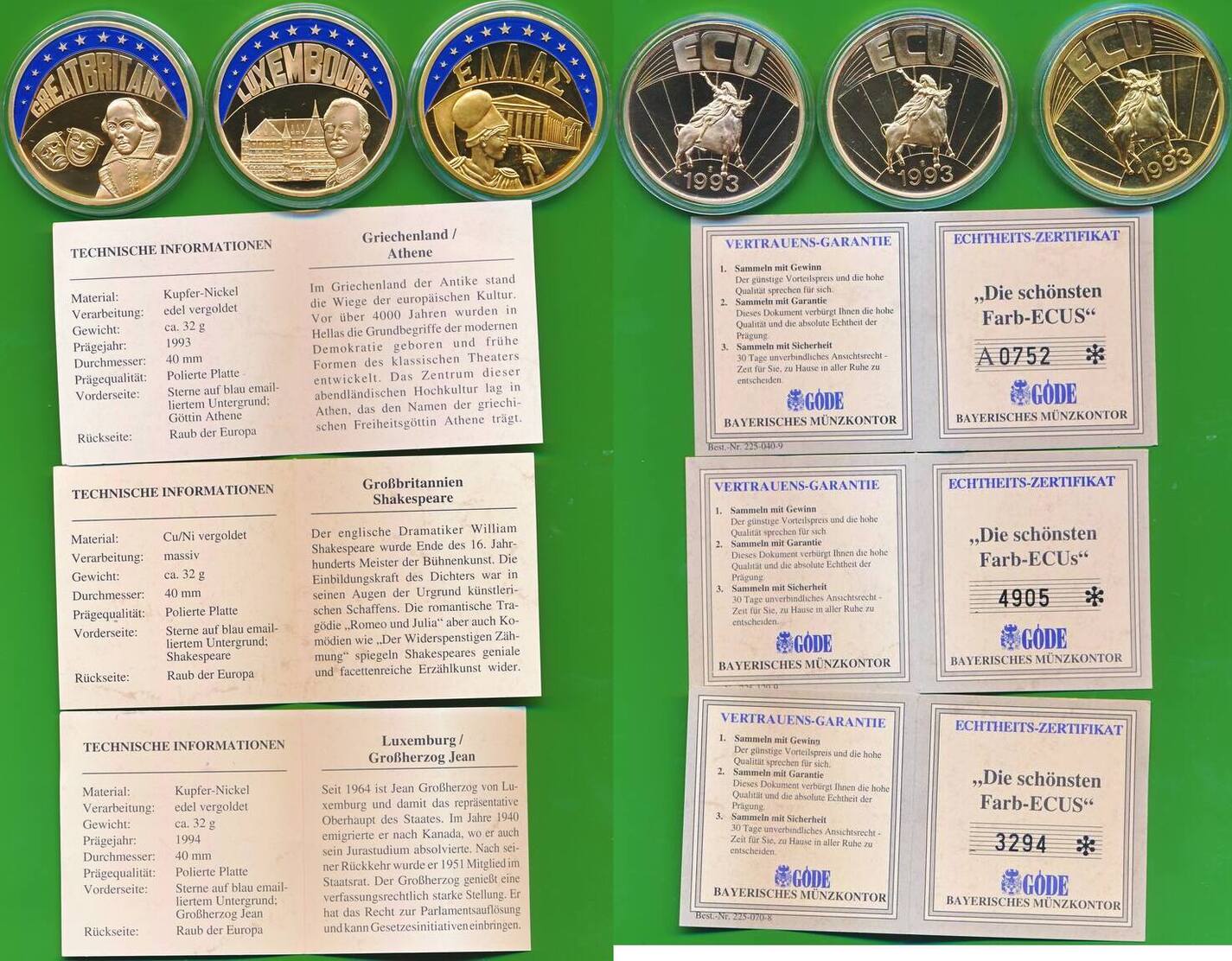 Griechenland Großbritannien Luxemburg ECU Medallien, 3 Stück 1993 Die ...