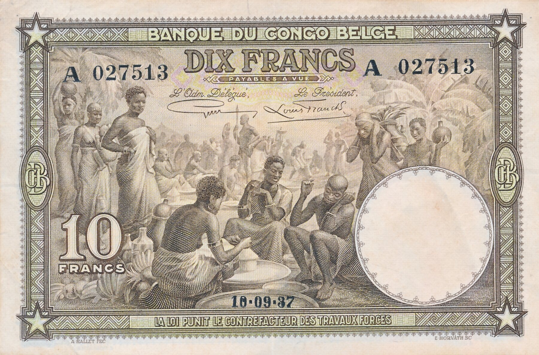 Belgisch Kongo 10 Francs 1937 Geldschein Banknote Dix Francs, Banque du Congo Belge III | MA-Shops