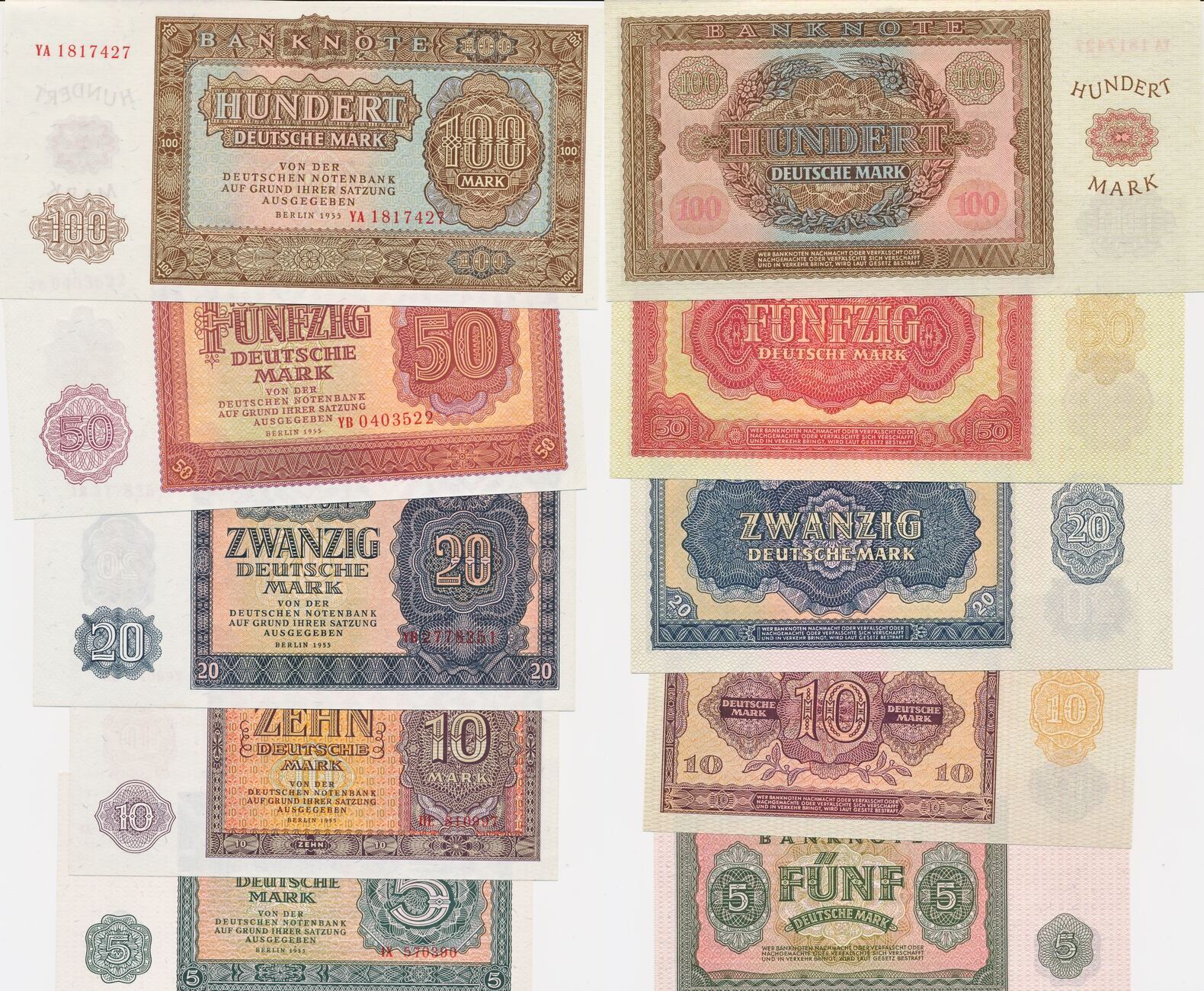 Deutschland DDR 5-100 Mark, 5 Scheine 1955 Geldschein Banknote, Satz ...