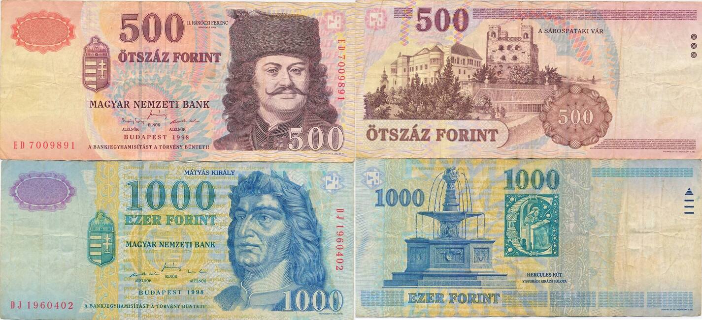 Ungarn 500 Und 1000 Forint 1998 Geldschein Banknote 2 Scheine III MA