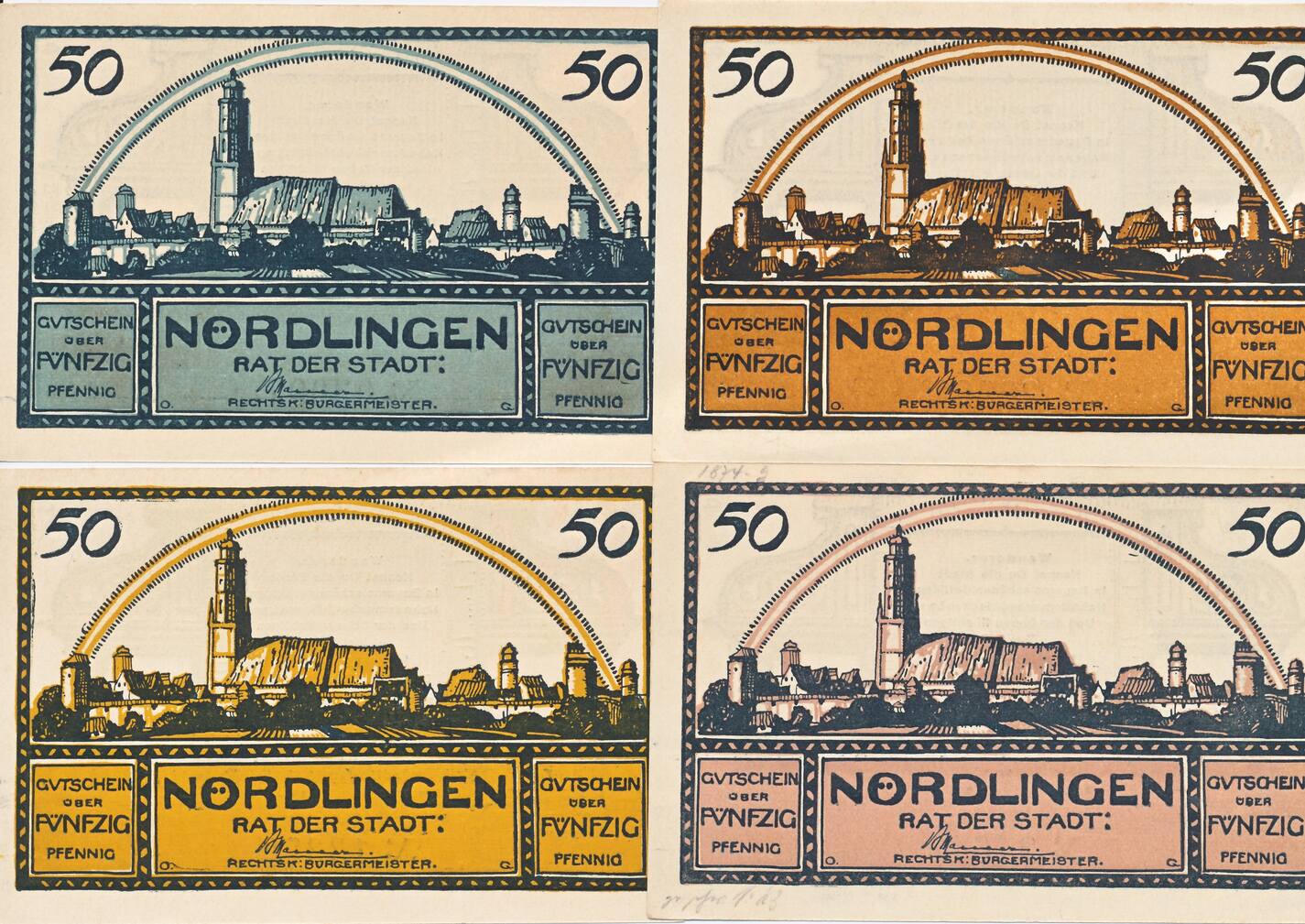 Deutschland Deutsches Reich 4x 50 Pfennig, 4 Scheine 1920 Notgeld Notgeldschein Nördlingen ...