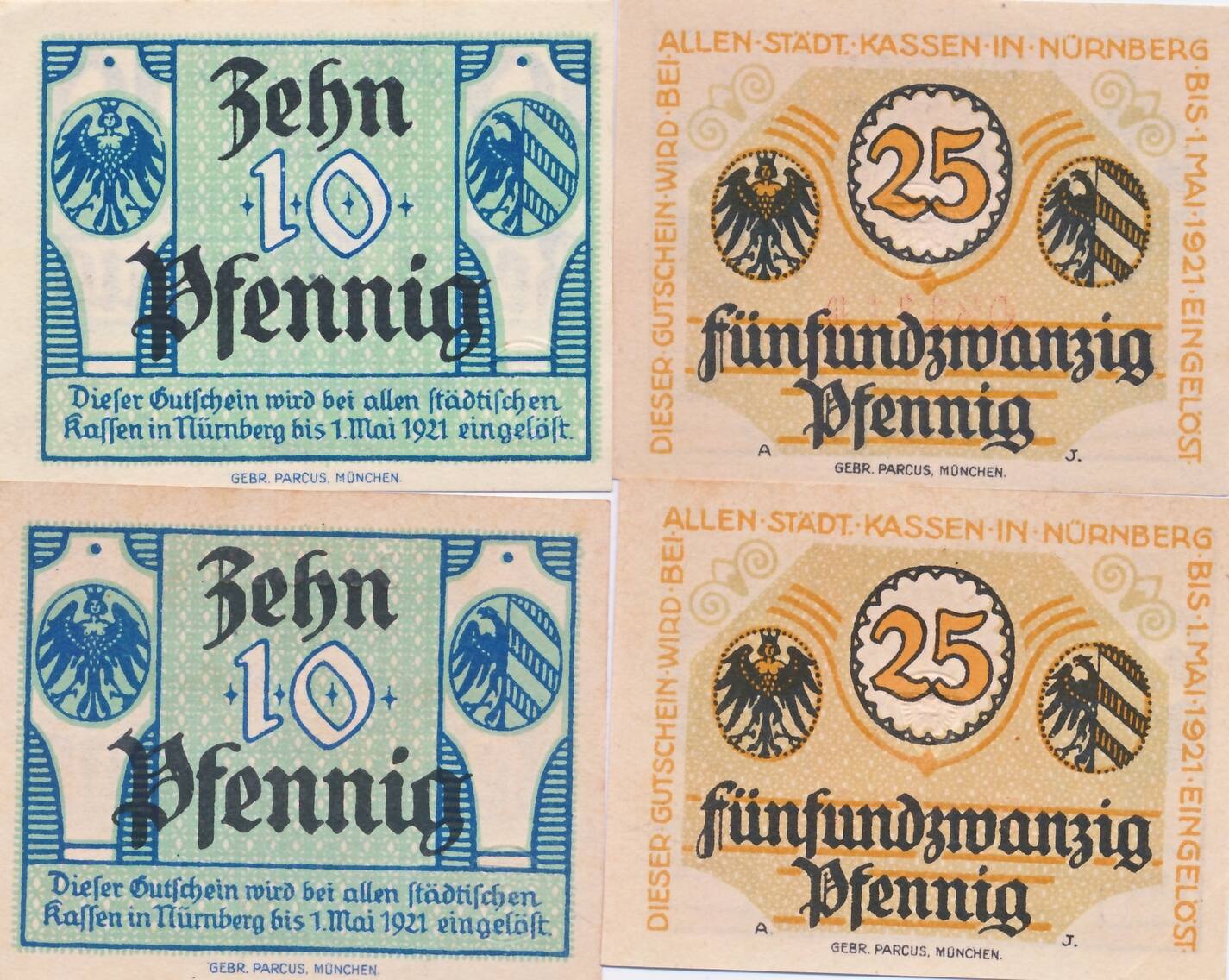 Deutschland Deutsches Reich 2x 10 und 2x 25 Pfennig, 4 Scheine 1920 ... Deutschland Deutsches Reich 2x 10 und 2x 25 Pfennig, 4 Scheine 1920 ...