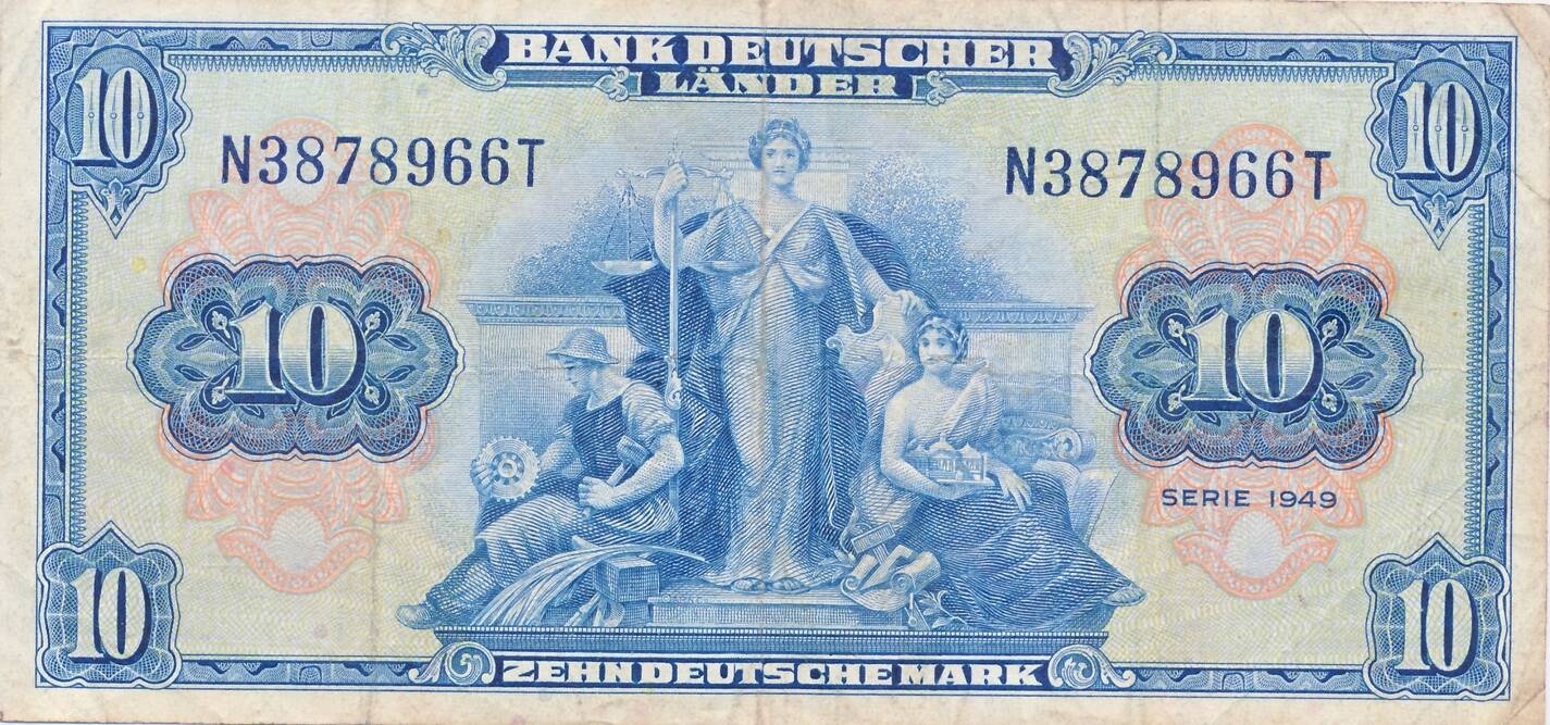 Deutschland 10 Deutsche Mark DM 1949 Geldschein Banknote KN 7 Stellig ...