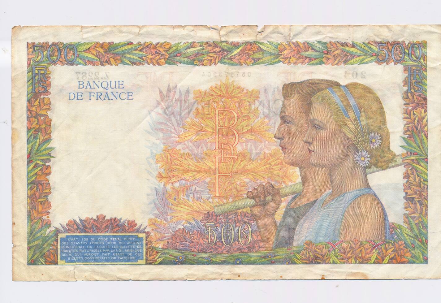 Frankreich 500 Francs 1941 Geldschein Banknote IV, stark gebraucht, mit ...