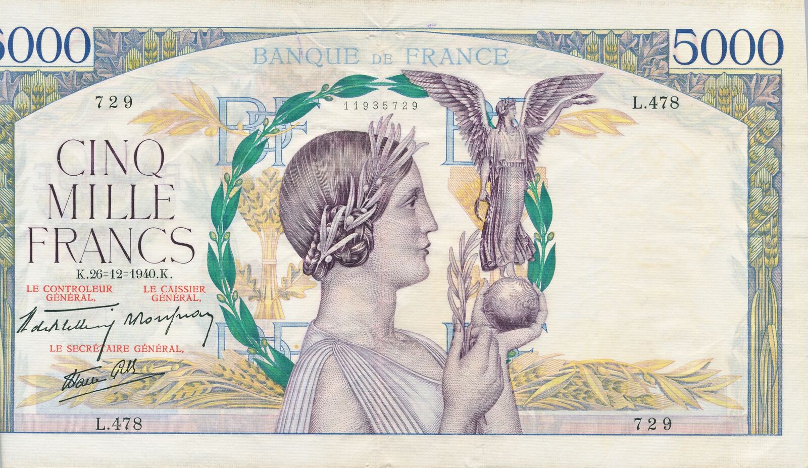 Frankreich 5000 Francs 1940 .K. Geldschein Banknote, Victoire III | MA-Shops