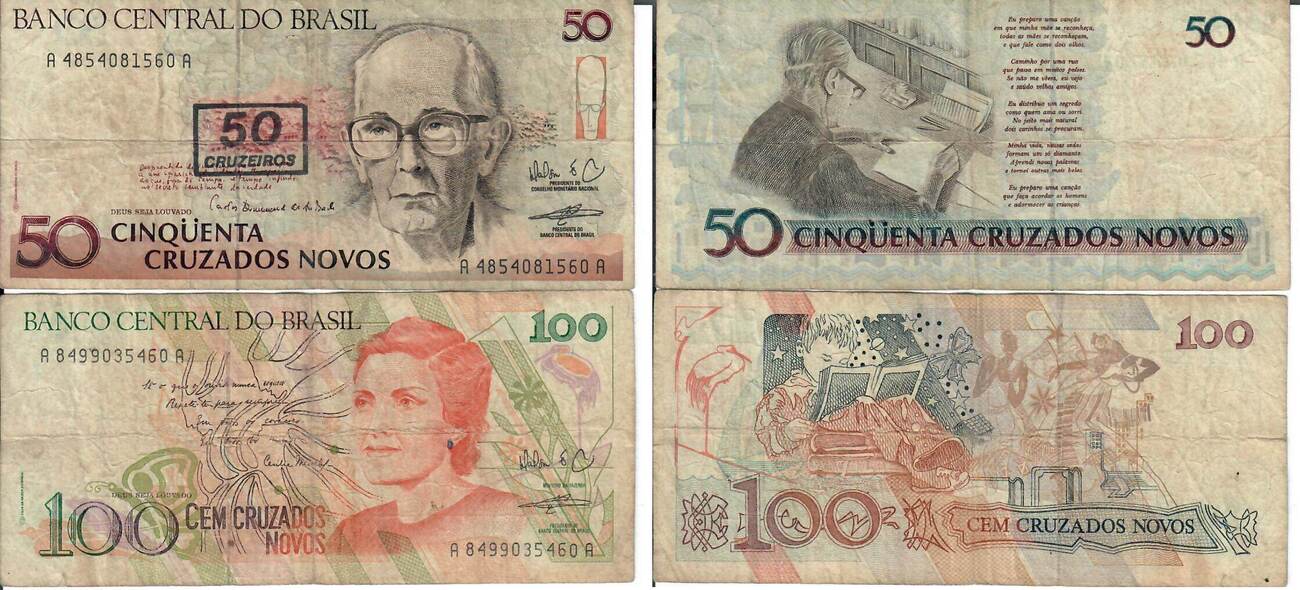 Brasilien o.D.(1989-1990) Banknote Geldscheine 50 100 Cruzeiros (III) 2 ...