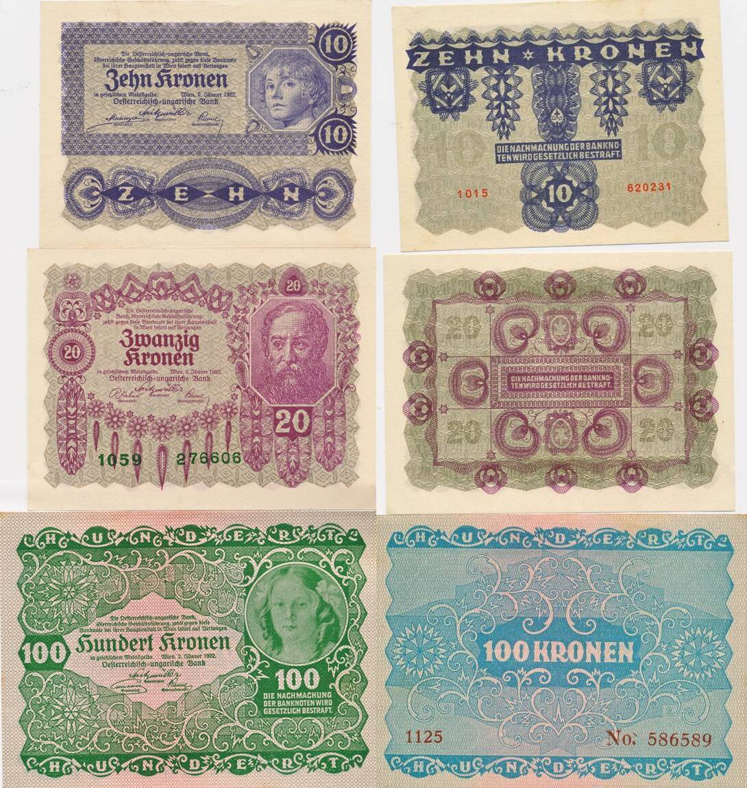 sterreich 10 20 100 Kronen 1922 3 Banknoten Lot Unc MA Shops sterreich 10 20 100 Kronen 1922 3 Banknoten Lot Unc MA Shops