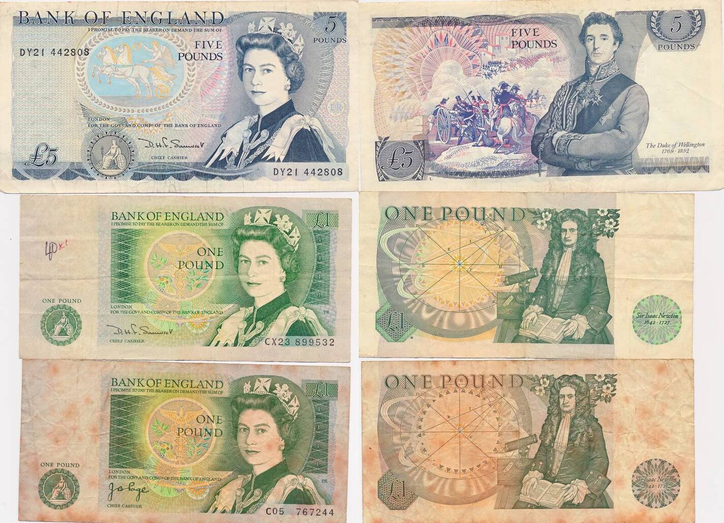Großbritannien 1 und 5 Pound, 3 Scheine (1973), (1978-82) 3 Banknoten ...