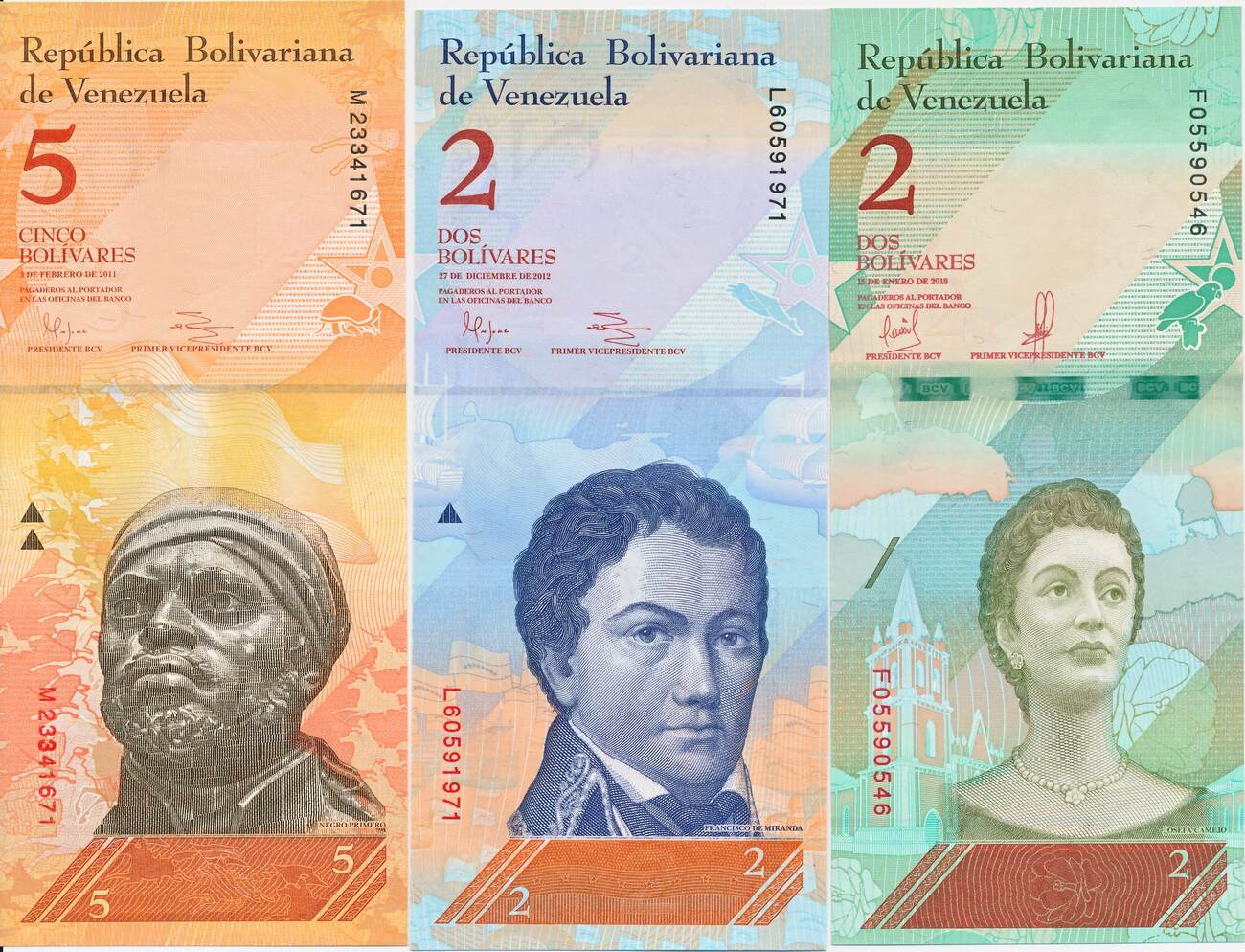 Venezuela 2 und 5 Bolivares 2011 2012 2018 3 Banknoten, Lot unc | MA-Shops