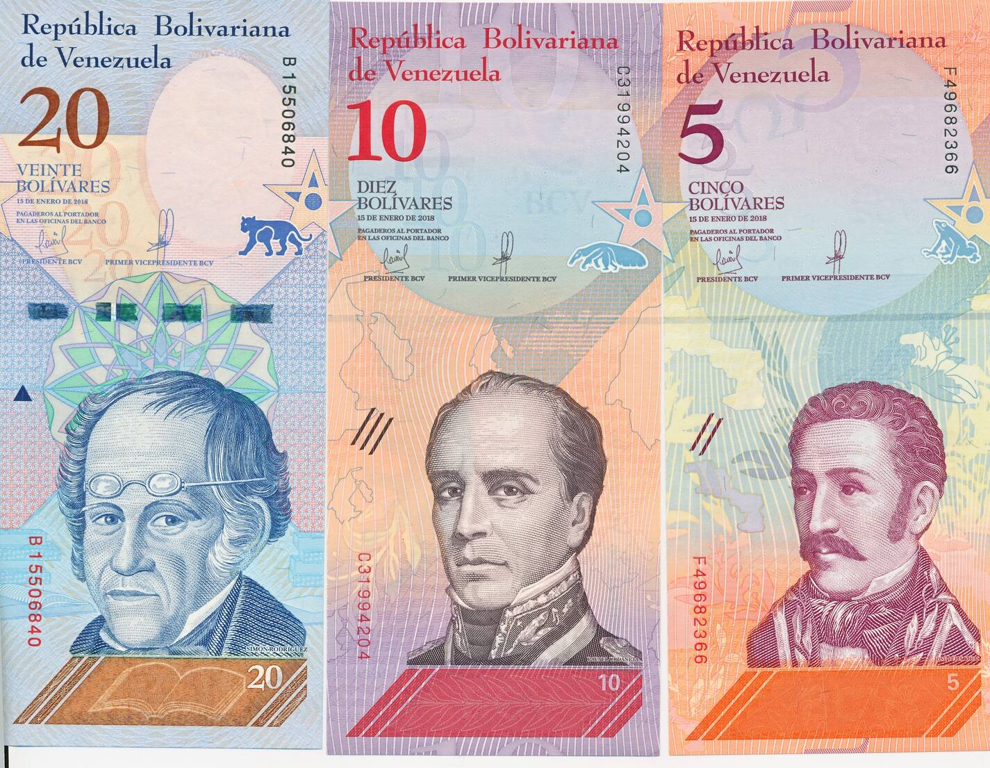 Venezuela 5, 10, 20 Bolivares 2018 3 Banknoten, Lot unc | MA-Shops