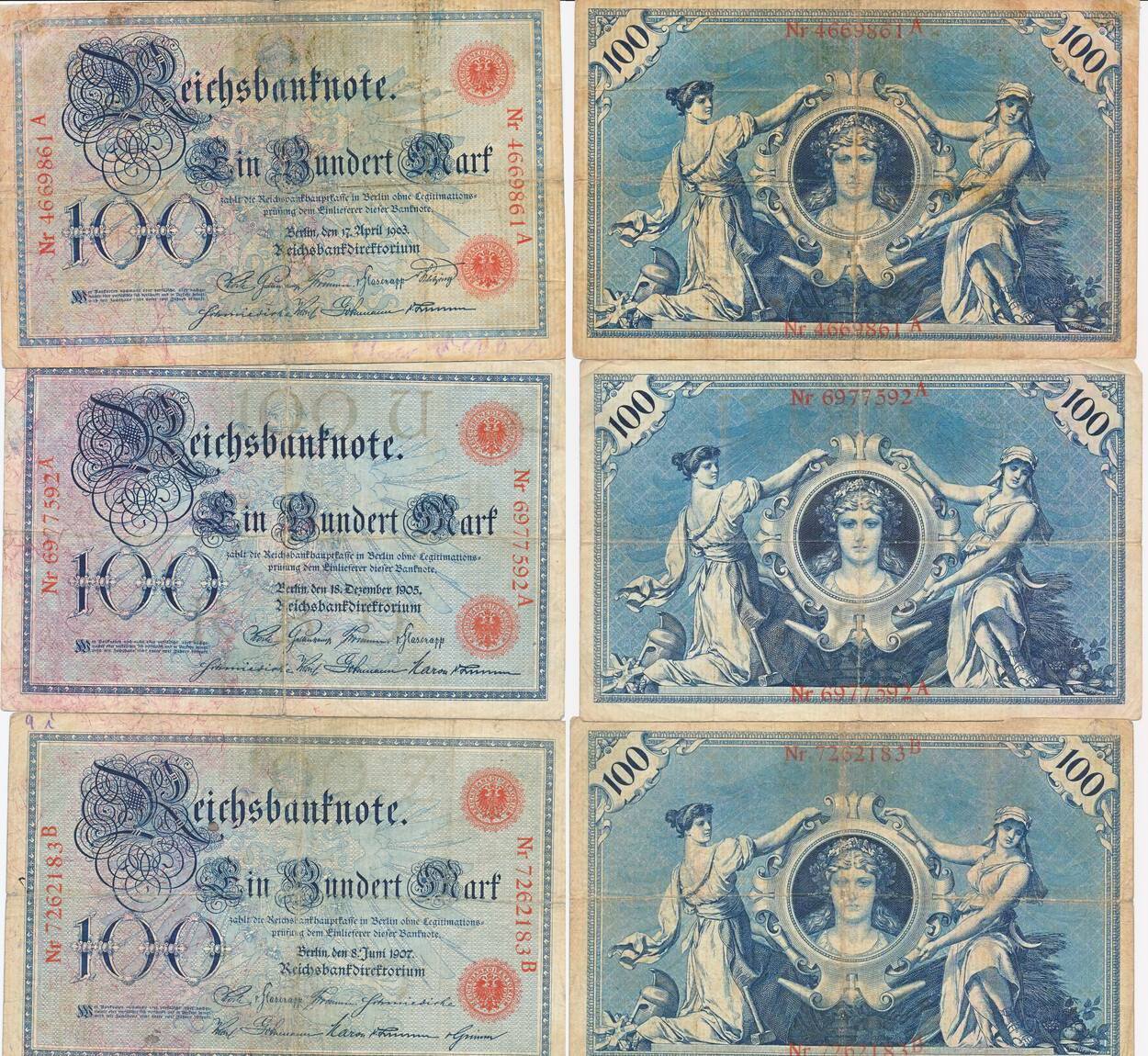Deutschland Deutsches Reich 100 Mark Reichsbanknote 1903 1905 1907 3 ...