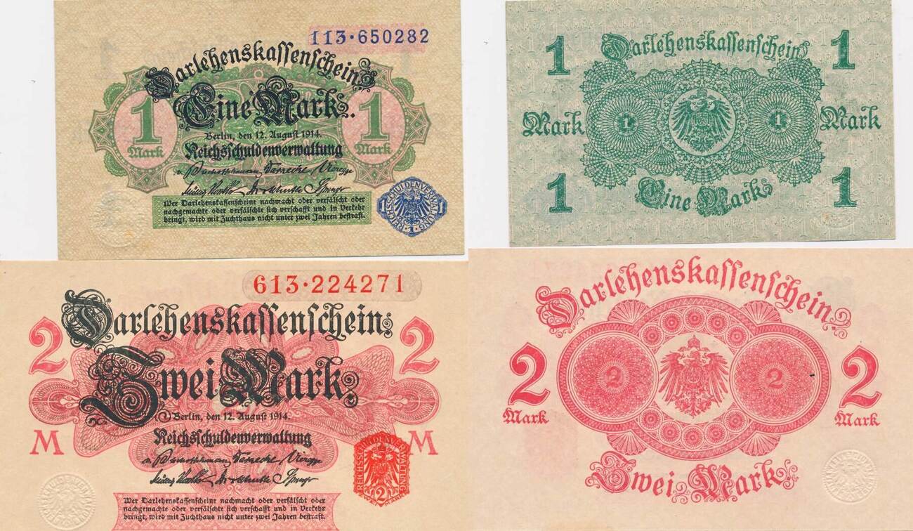 Deutschland Deutsches Reich 1 und 2 Mark 1914 Geldschein Banknote 2 ...