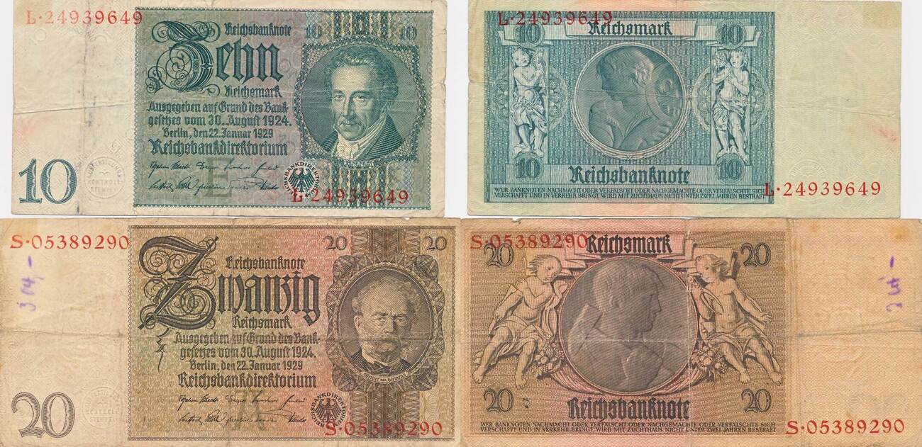 Deutschland Deutsches Reich 10 und 20 Reichsmark 1929 2 Scheine III ...