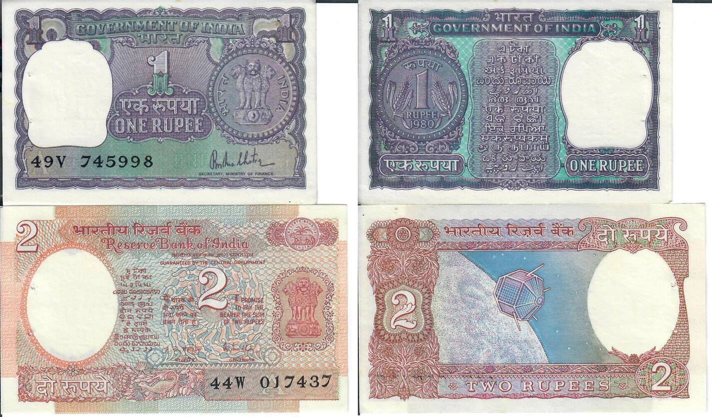 Indien 1 und 2 Rupees o.D. (1968-1990) Banknote Geldscheine 1 Rupee ...