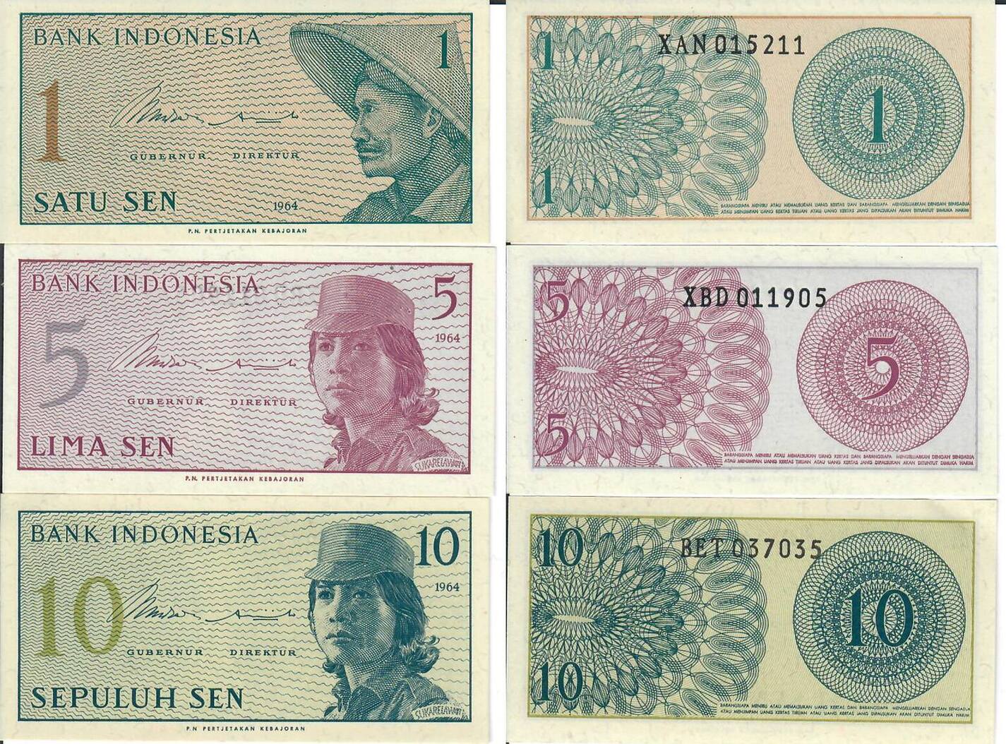 Indonesien 1964 Banknote Geldscheine 1 5 10 Sen (unc) 3 Scheine | MA-Shops