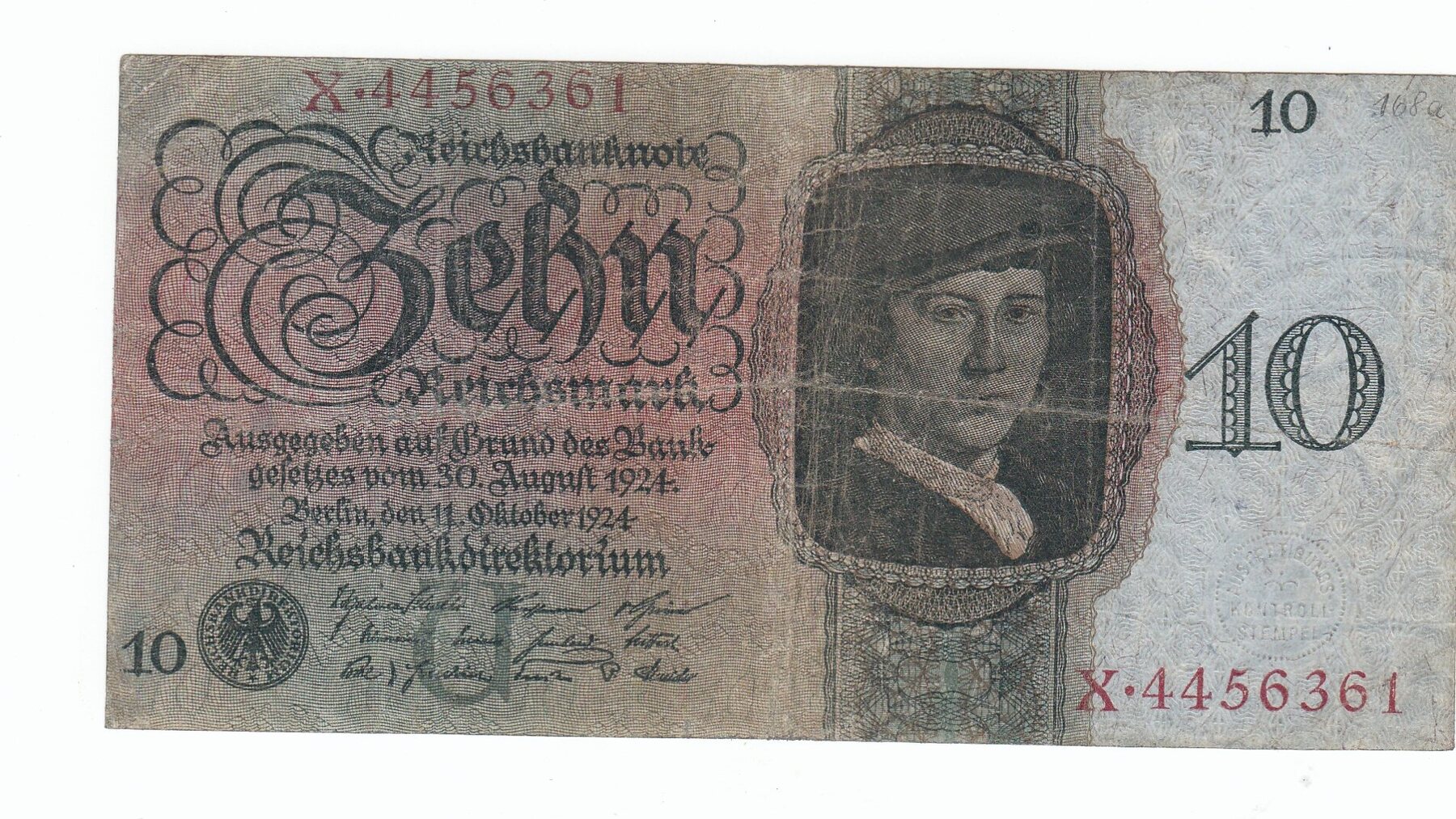 Deutschland Deutsches Reich 10 mark Reichsmark 1924 Serie: U/X, KN 7 ...