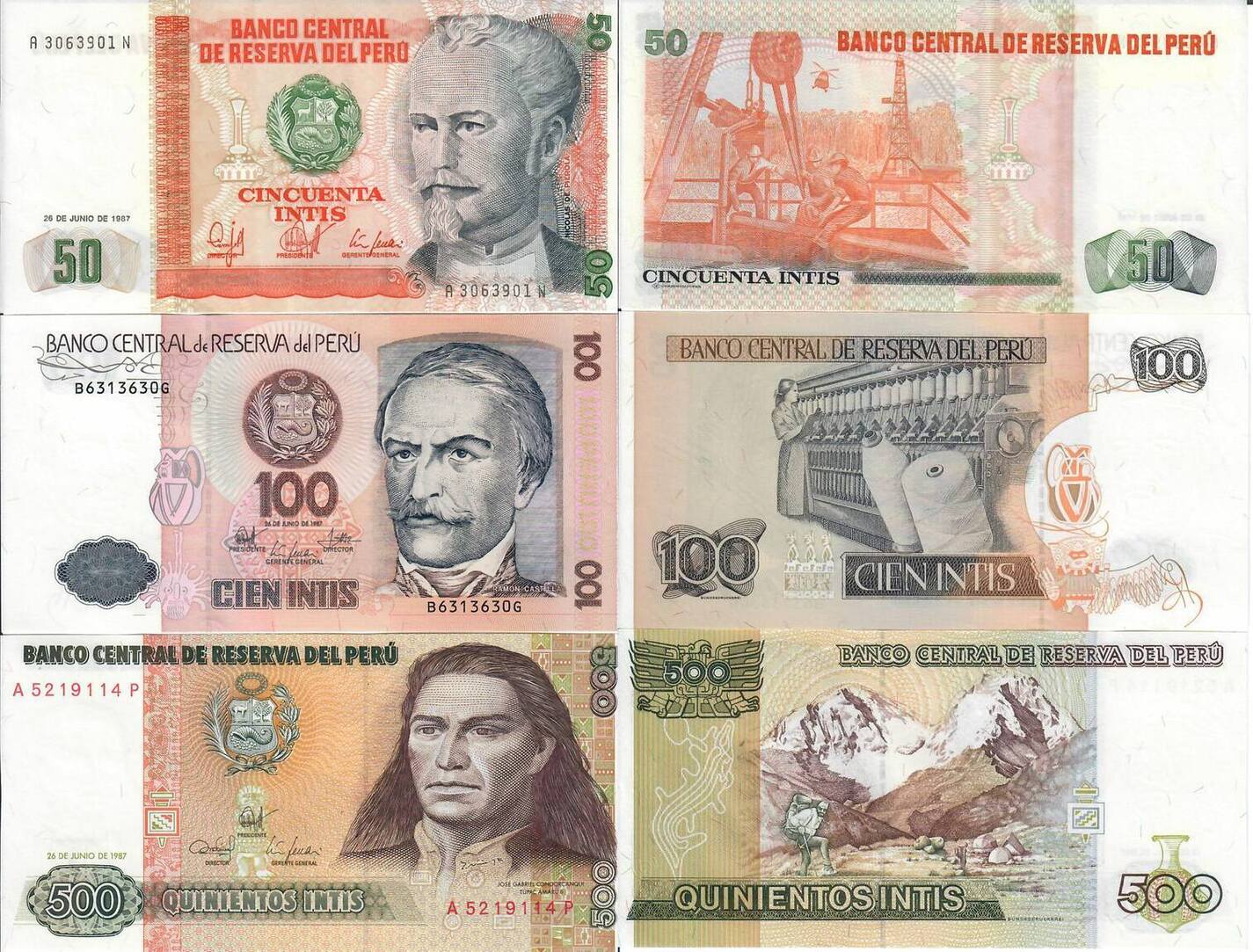 Peru Banknote Geldscheine 50 100 500 Intis 1987 (unc) 3 Scheine | MA-Shops