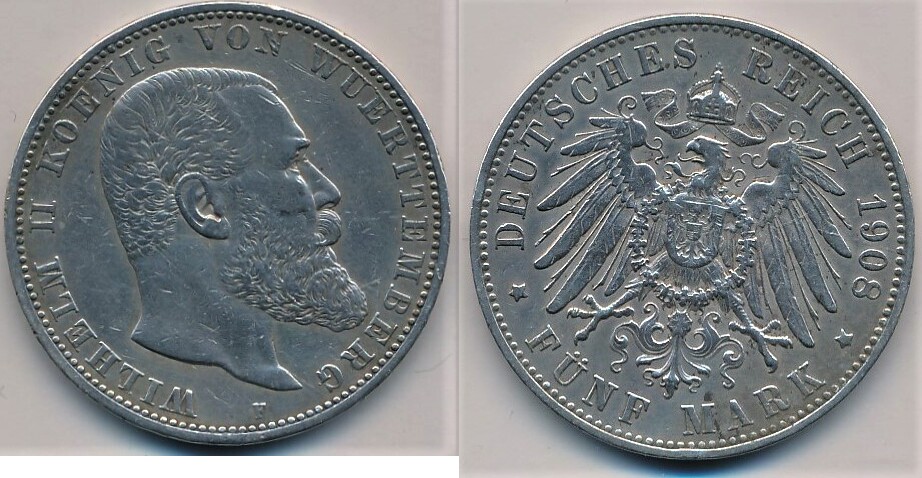 Deutsches Reich 5 Mark 1908 F Kaiserreich, Württemberg, Wilhelm II ...