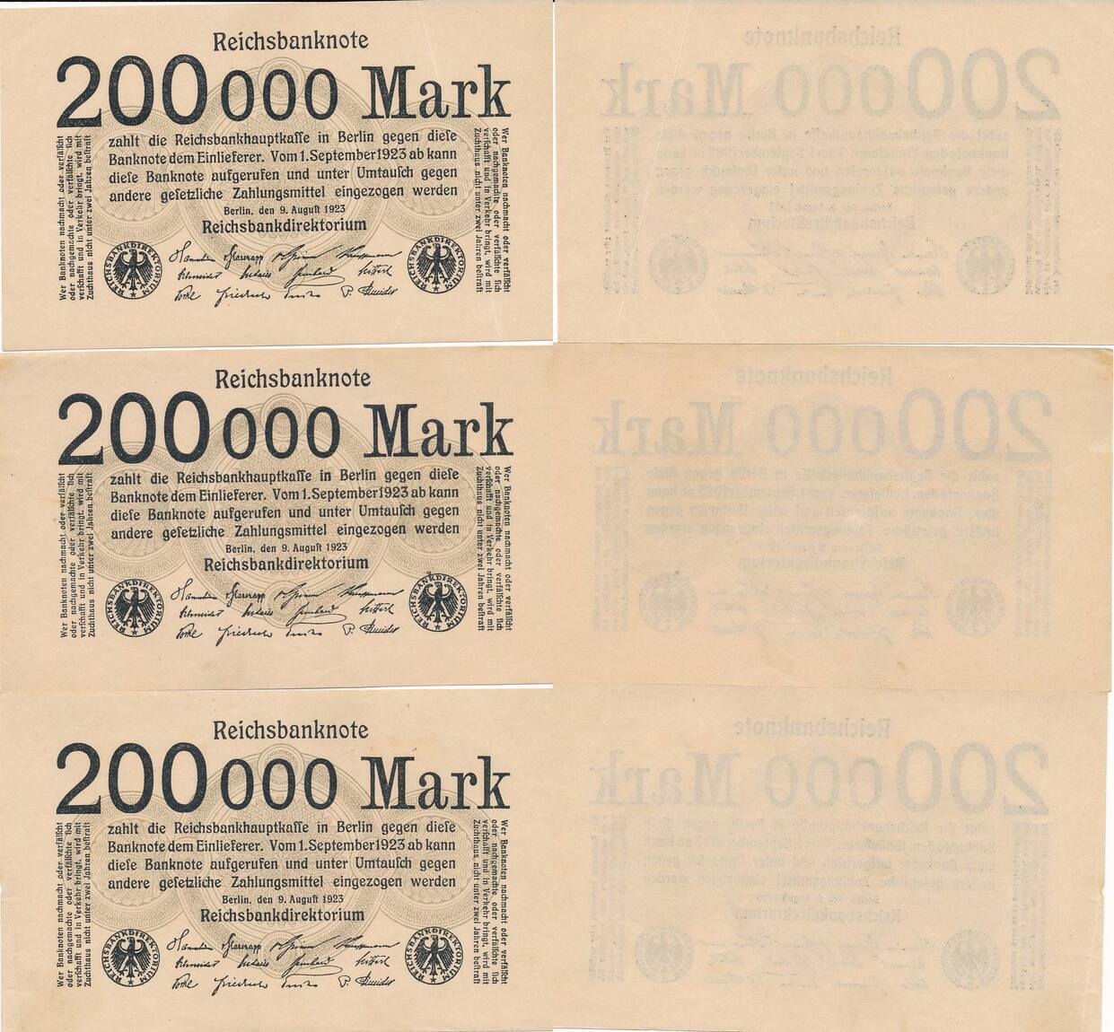 Deutsches Reich Deutschland 3x 200000 Mark Reichsbanknote 1923 3 Stück ...