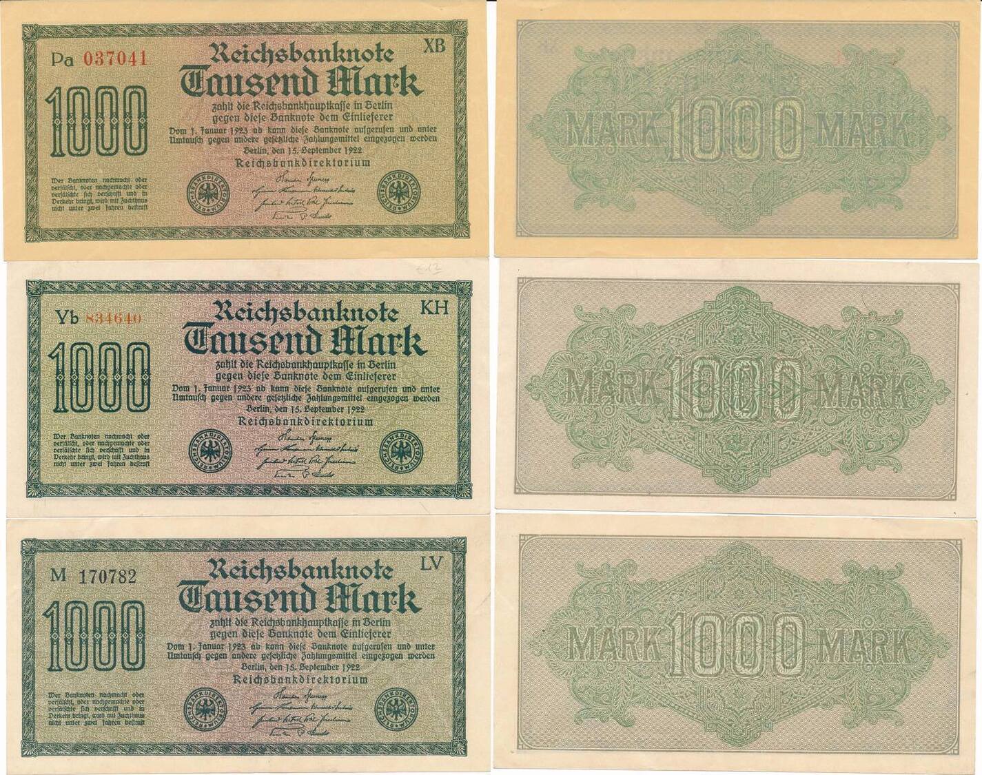 Deutsches Reich Deutschland 3x 1000 Mark Reichsbanknote 1922 3 Stück I ...