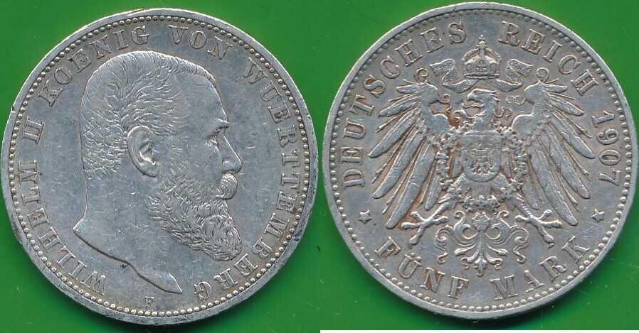 Deutsches Reich Deutschland 5 Mark 1907 F Kaiserreich, Württemberg, Wilhelm II. (1891 bis 1918 ...