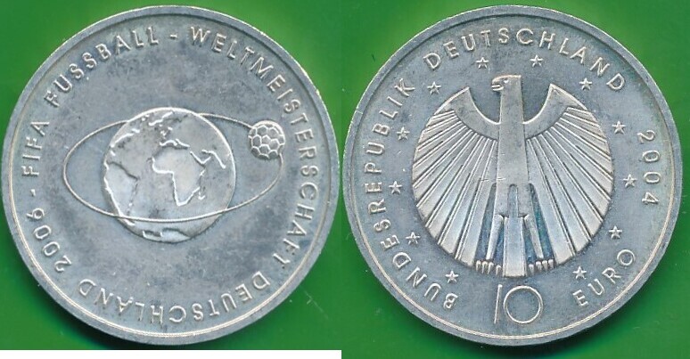 Deutschland BRD 10 Euro 2004 Gedenkmünze, Fußball WM vz | MA-Shops