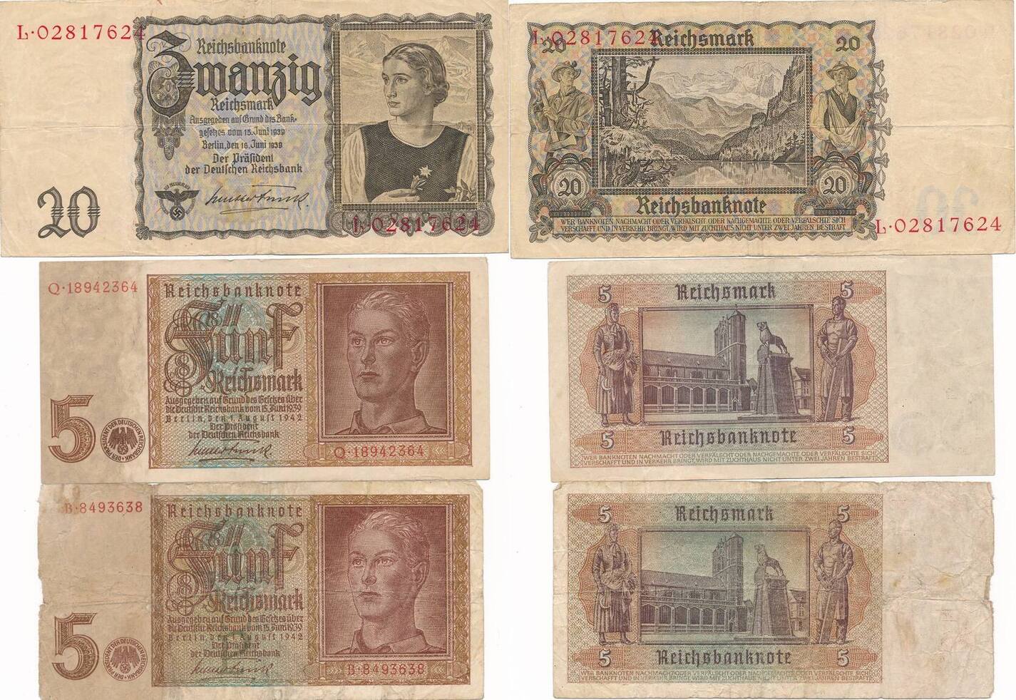 Deutsches Reich Deutschland 5 und 20 Reichsmark Reichsbanknote 1939 ...