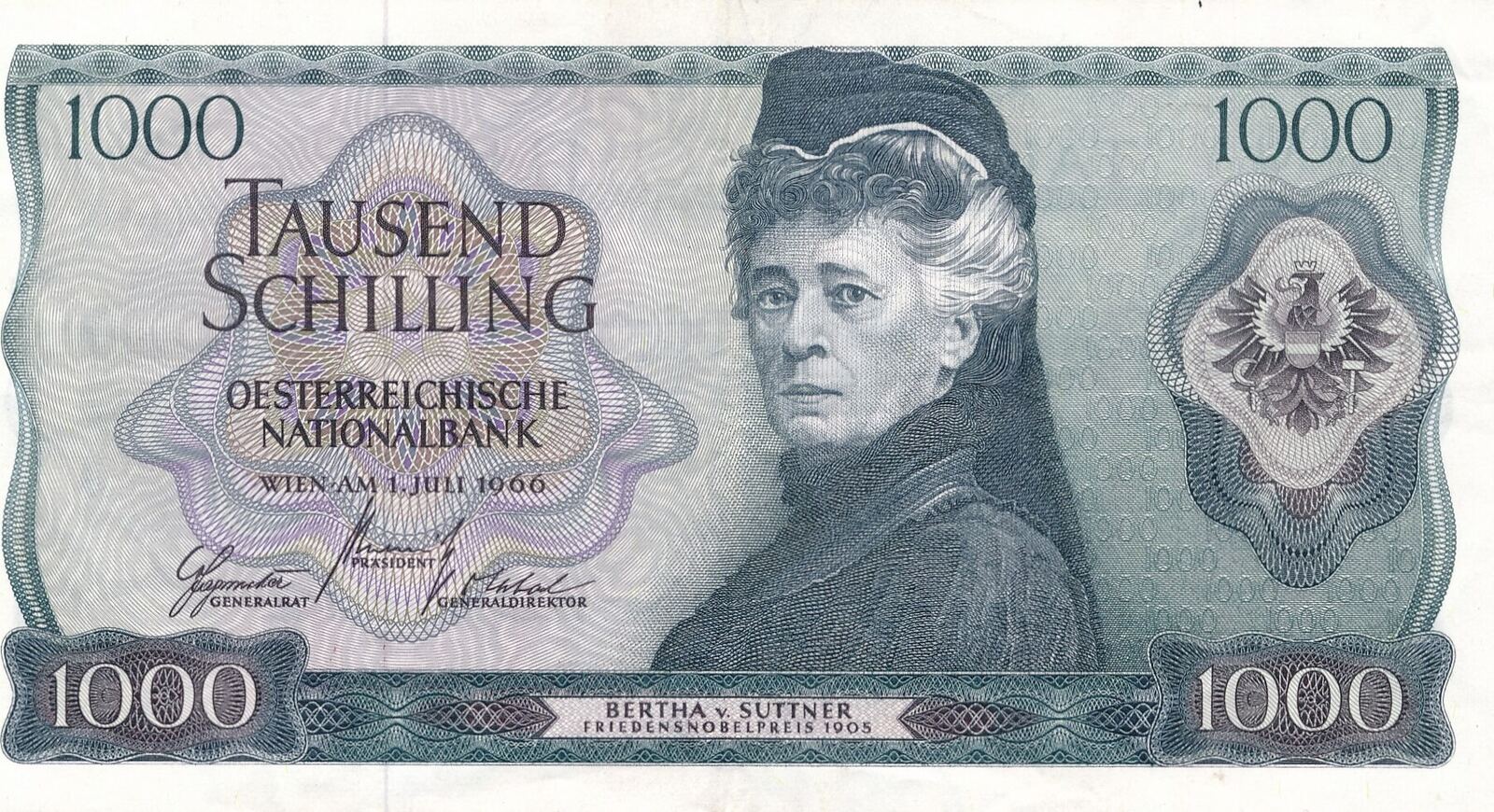 Österreich 1000 Schilling 1966 Geldschein, Bertha von Suttner II | MA-Shops