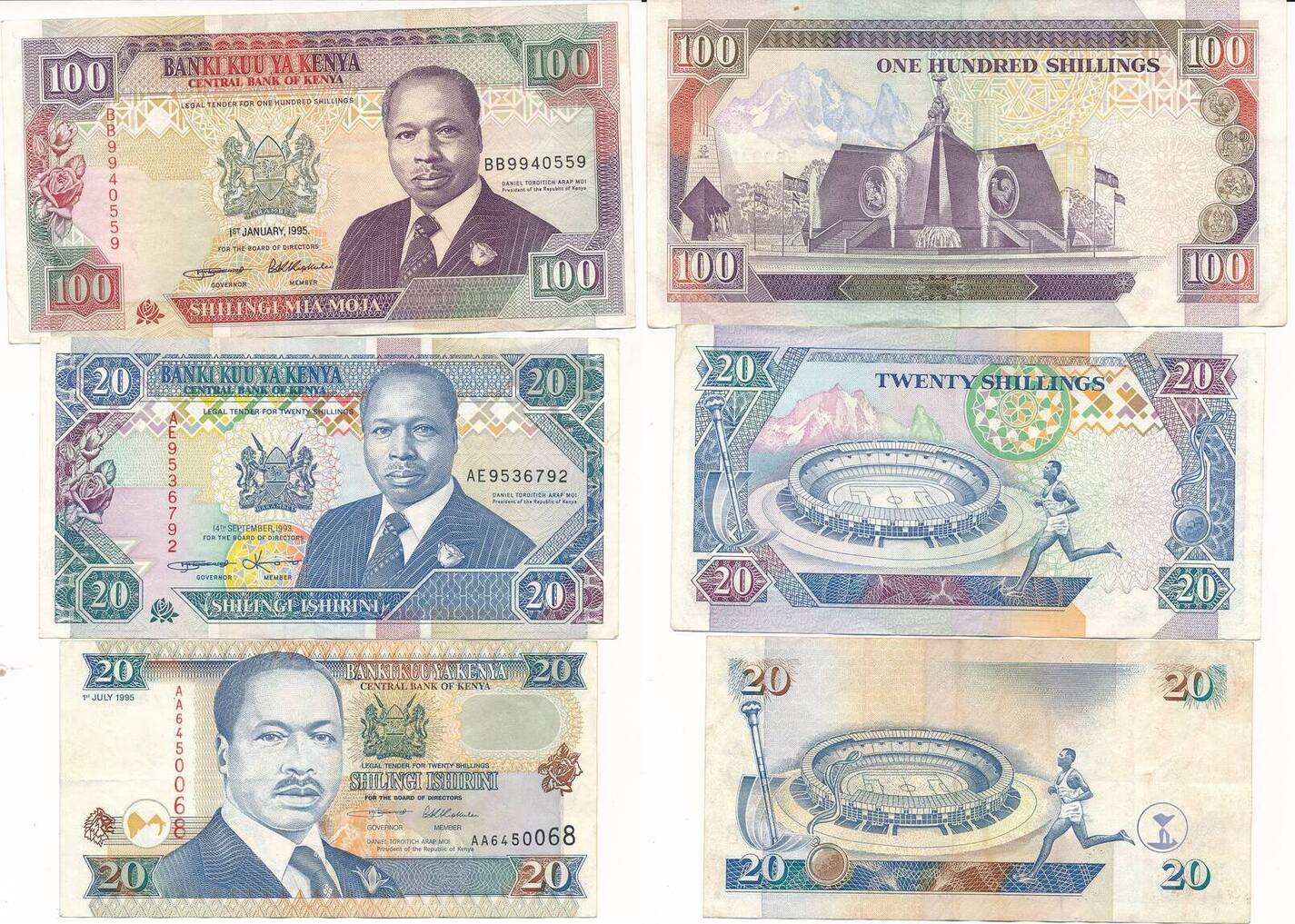 Kenia Kenya 20 und 100 Shilingi Ishirini Mia Moja 1993 1995 Banknoten ...