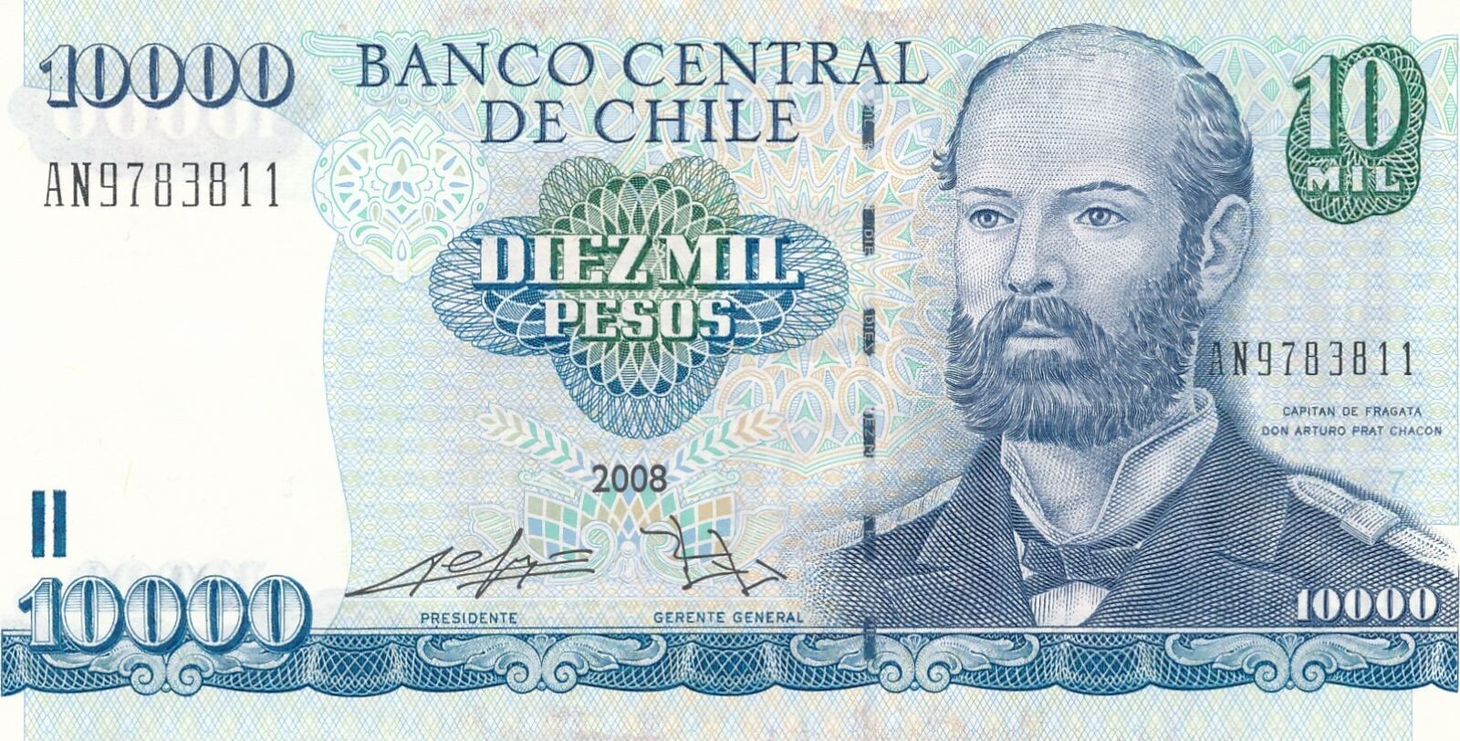 Chile 10000 Pesos 2008 Diez Mil Pesoso unc, leicht weillig | MA-Shops