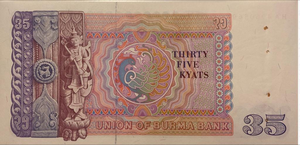 Myanmar-Burma 35 Kyats (1986) vorne General Auang Sun II+(3 Nadellöcher ...
