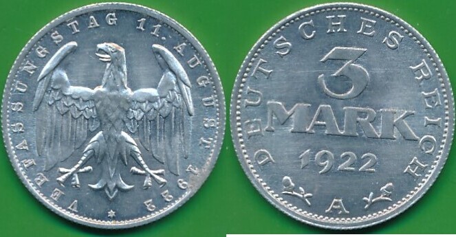 Deutsches Reich Deutschland 3 Mark 1922 Münze | MA-Shops