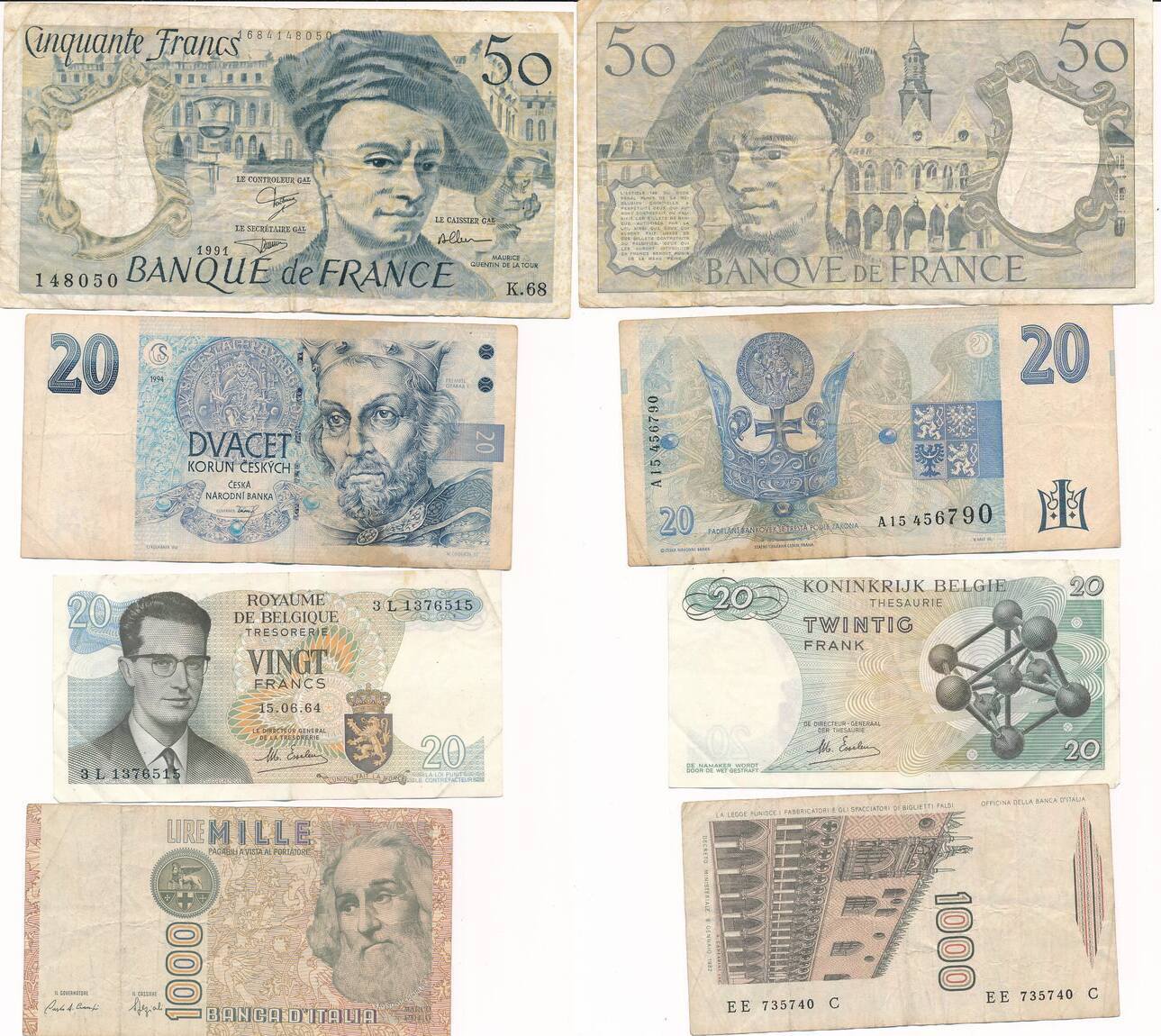 Frankreich, Tschechische Republik, Belgien, Italie 50 Francs, 20 Korun ...