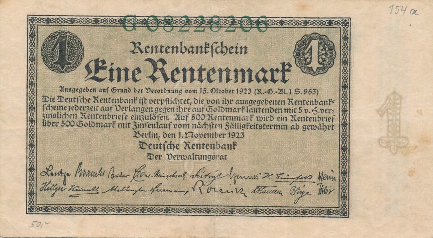 Deutsches Reich Deutschland 1 Rentenmark, Rentenbankschein 1923 ...