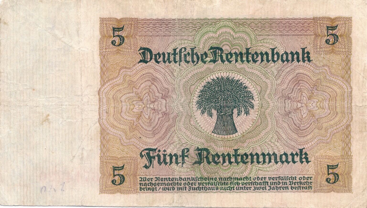 Deutsches Reich Deutschland Weimarer Republik 5 Rentenmark ...