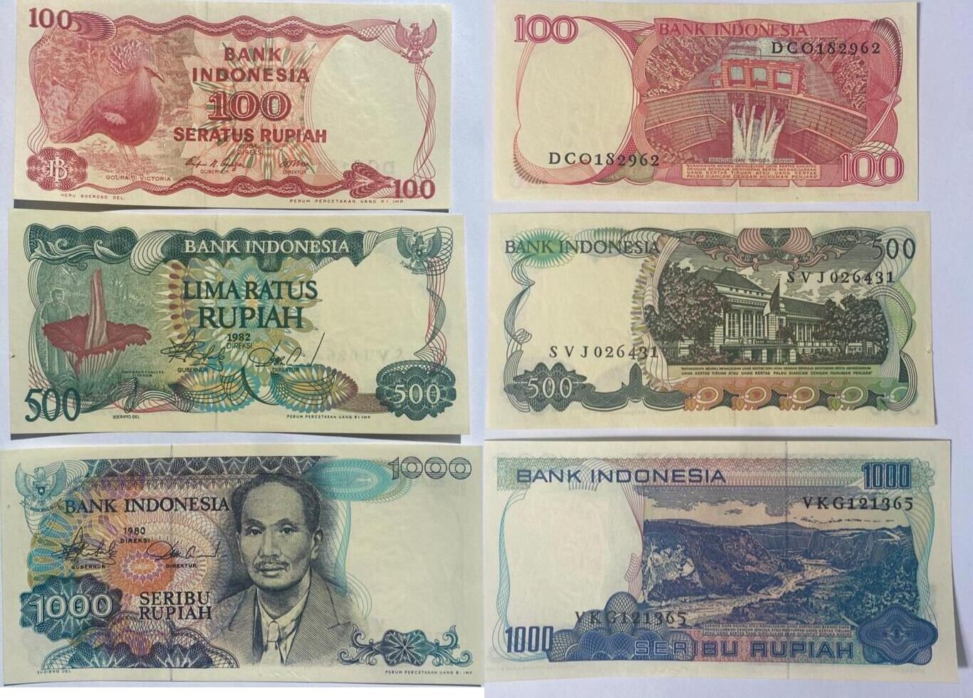 Indonesien 100, 500, 1000 Rupiah 1984, 1982, 1980 100, 500 Rupiah(I ...