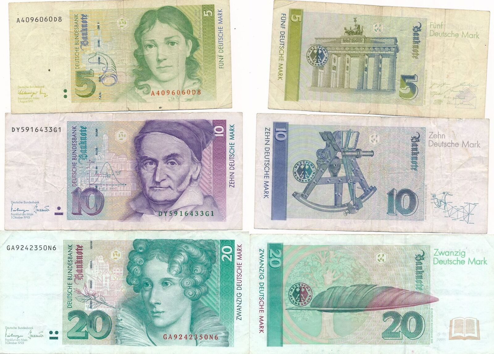 Deutschland BRD 5, 10, 20 Mark, 3 Scheine 1991, 1993 35 Mark, 3x ...