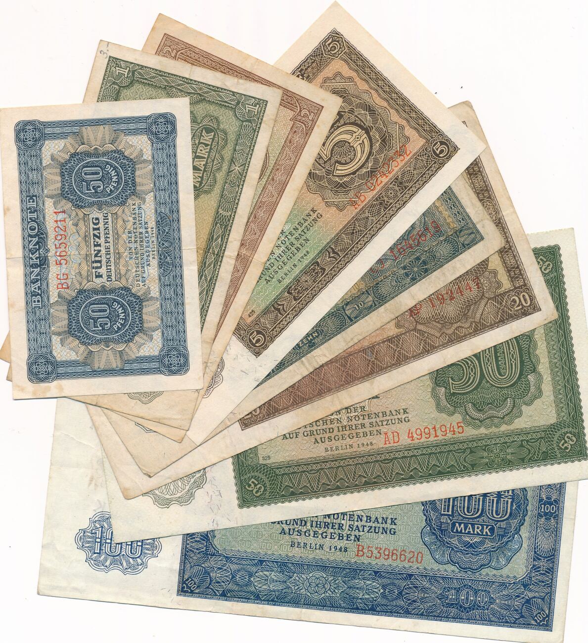 Deutschland DDR 50 Pfennig-100 Mark, 8 Scheine 1948 Deutsche Notenbank ...