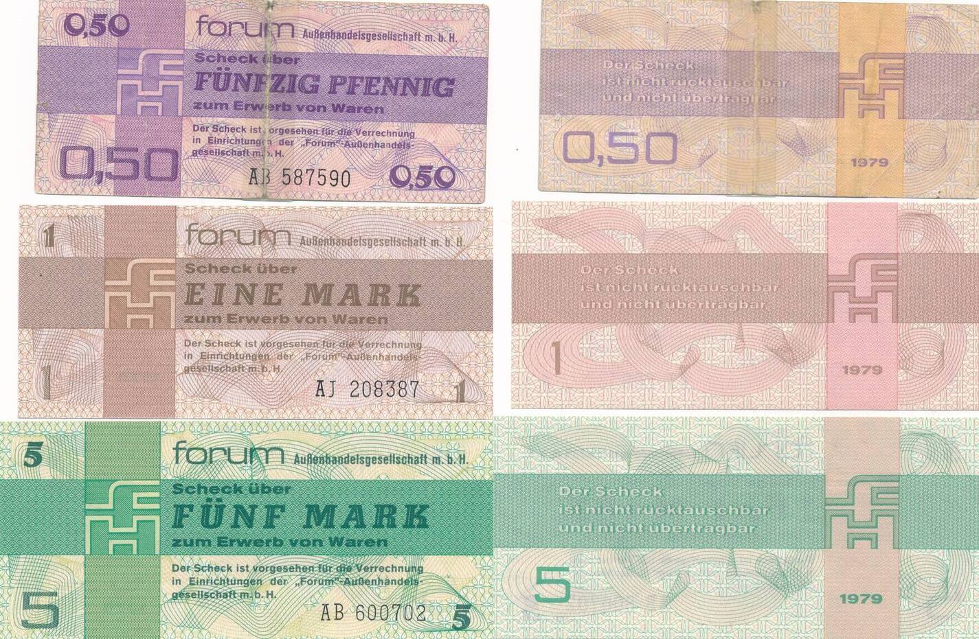 Deutschland DDR 50 Pfennig, 1 und 2 Mark 1979 3 Scheine, Forum ...