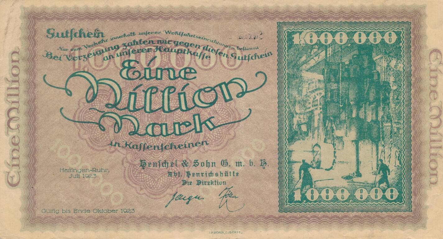 Deutsches Reich Deutschland 1 Millionen Mark 1923 HATTINGEN, Henschel ...