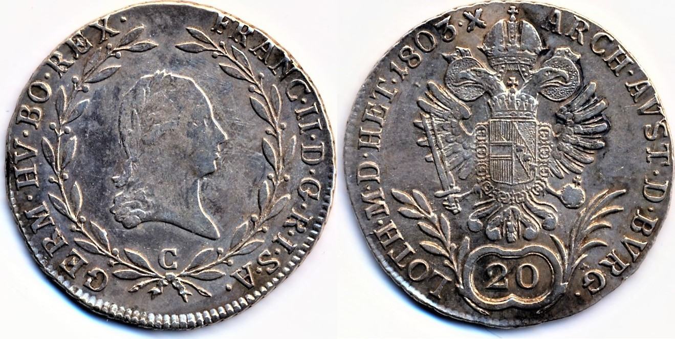 RDR 20 Kreuzer 1803 Habsburg Franz II. Prägung Prag ( C ) fast vorzüglich | MA-Shops