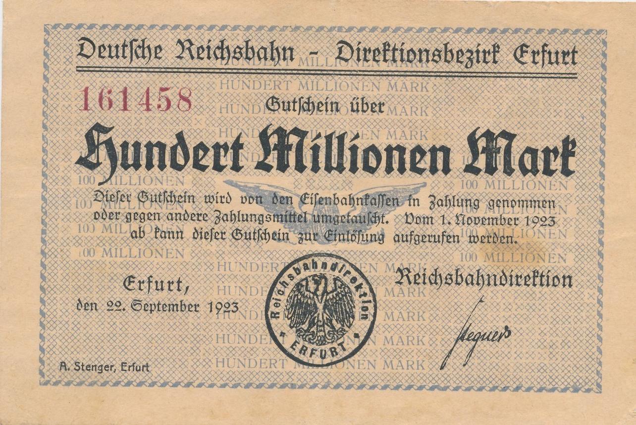 Erfurt Hundert Millionen Mark 1923 Gutschein der Deutschen Reichsbahn ...