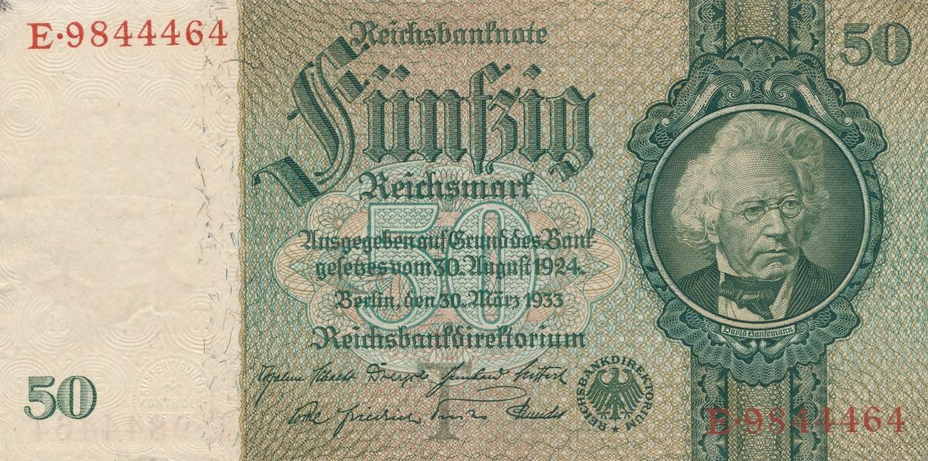 Deutschland 50 Reichsmark 1933 Reichsbanknote Udr.-Bst.T Serie E KN ...