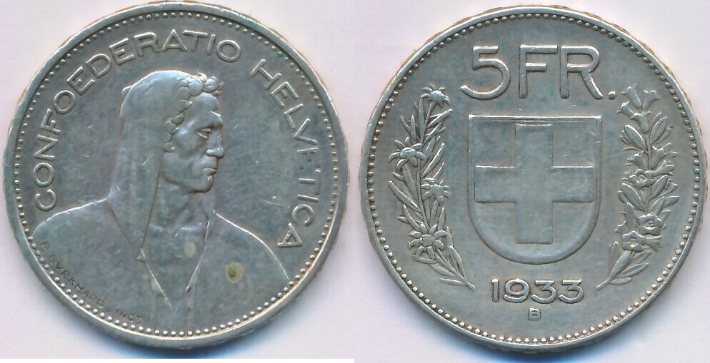 Schweiz 5 Franken 1933 B Silbermünze ss | MA-Shops