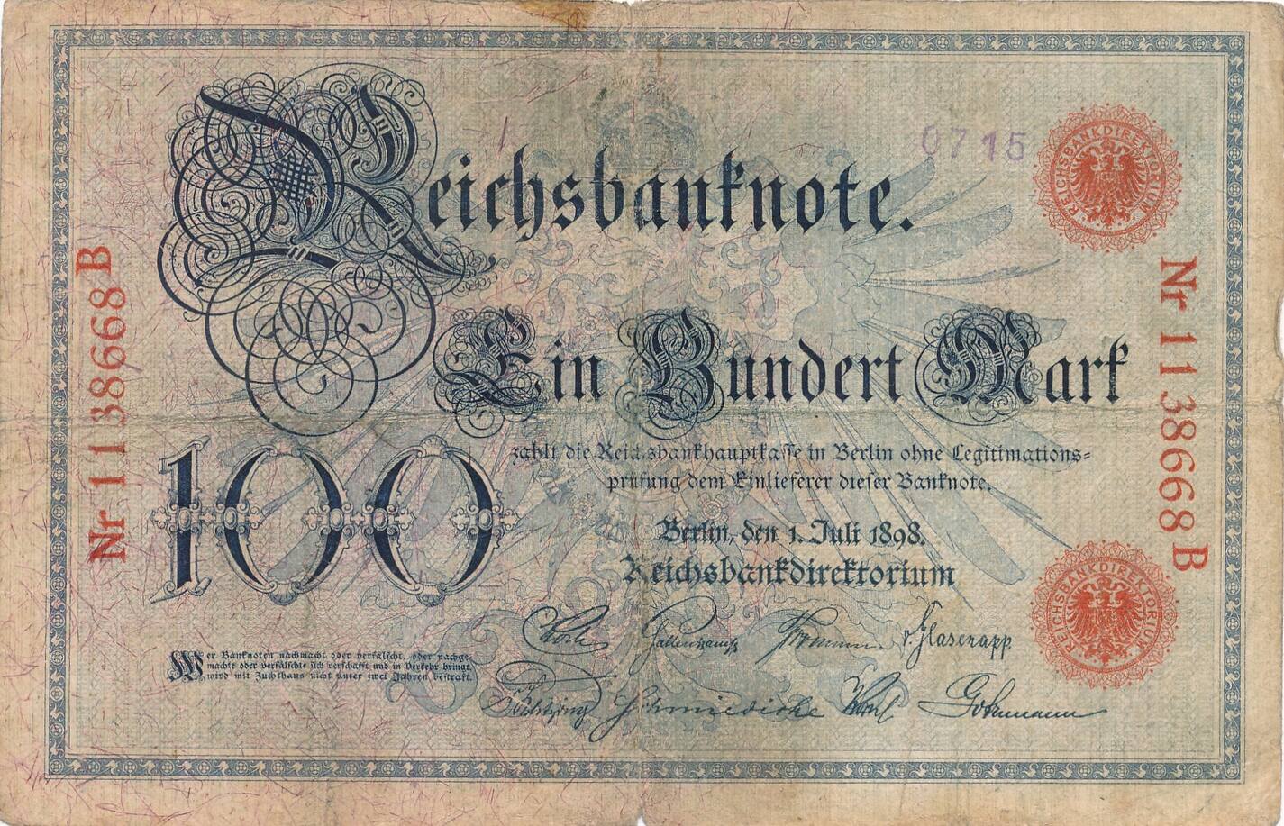Deutsches Reich Deutschland 100 Mark Recihsbanknote 1898 Blauer ...