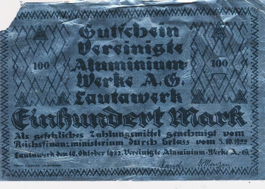 Deutschland 100 Mark 1922 Lautawerk Aluminiumfolie Banknote,Silbern ...